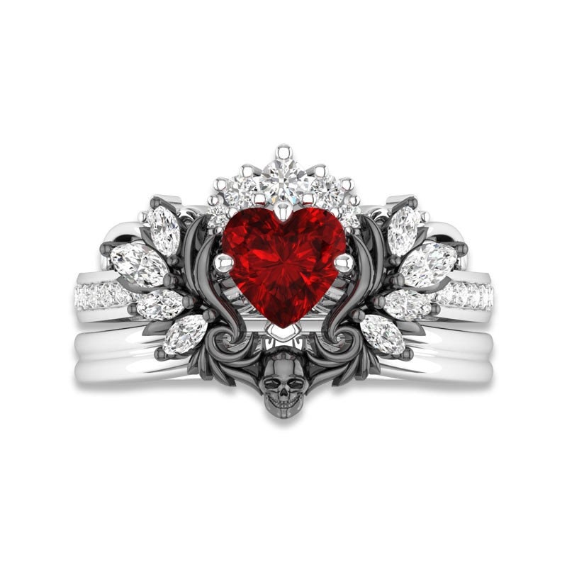 Skull Ring Set With Black Wing and Heart Stone Engagement Ring - Etsy