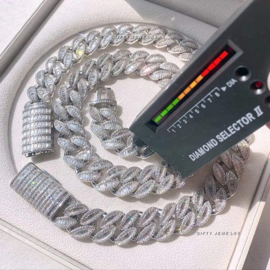 18mm Baguette Diamond Cuban Chain VVS Moissanite Cuban Chain Prong Hip ...