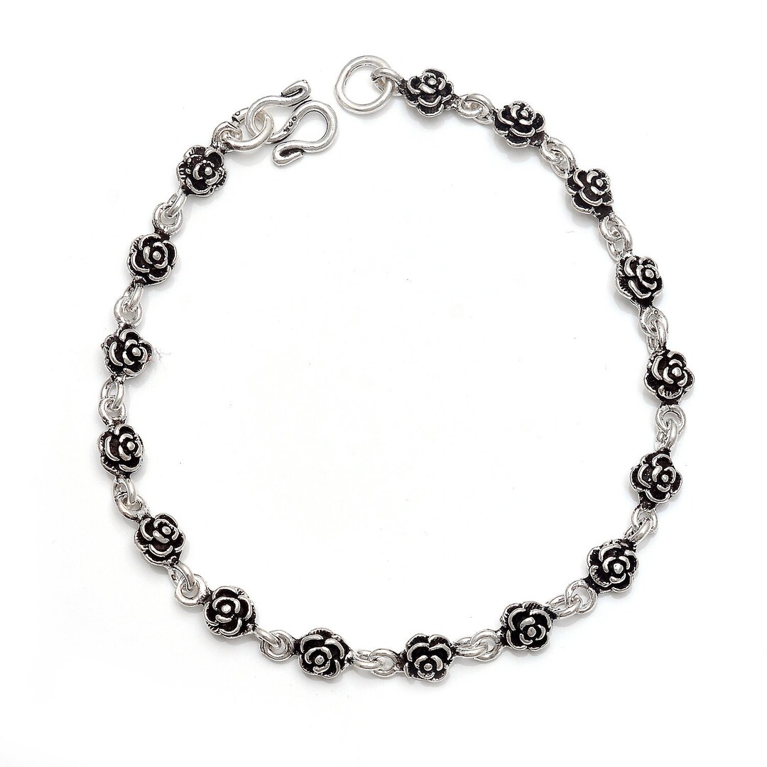 925 Solid Sterling Silver - Oxidize Multi Layered Flower Chain Bracelet ...