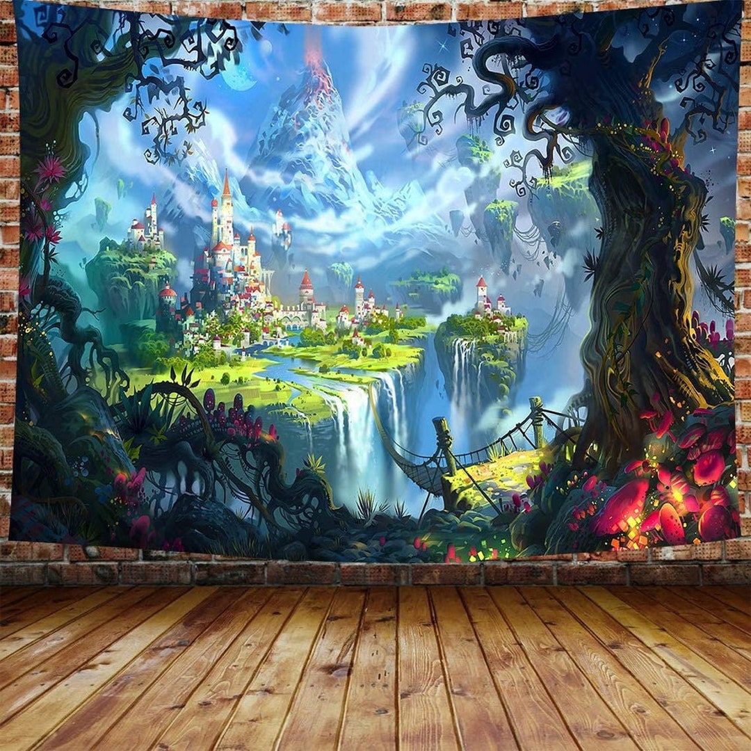 Fantasy World Forest Tapestry Cartoon Castle Tapestry Green Magic ...
