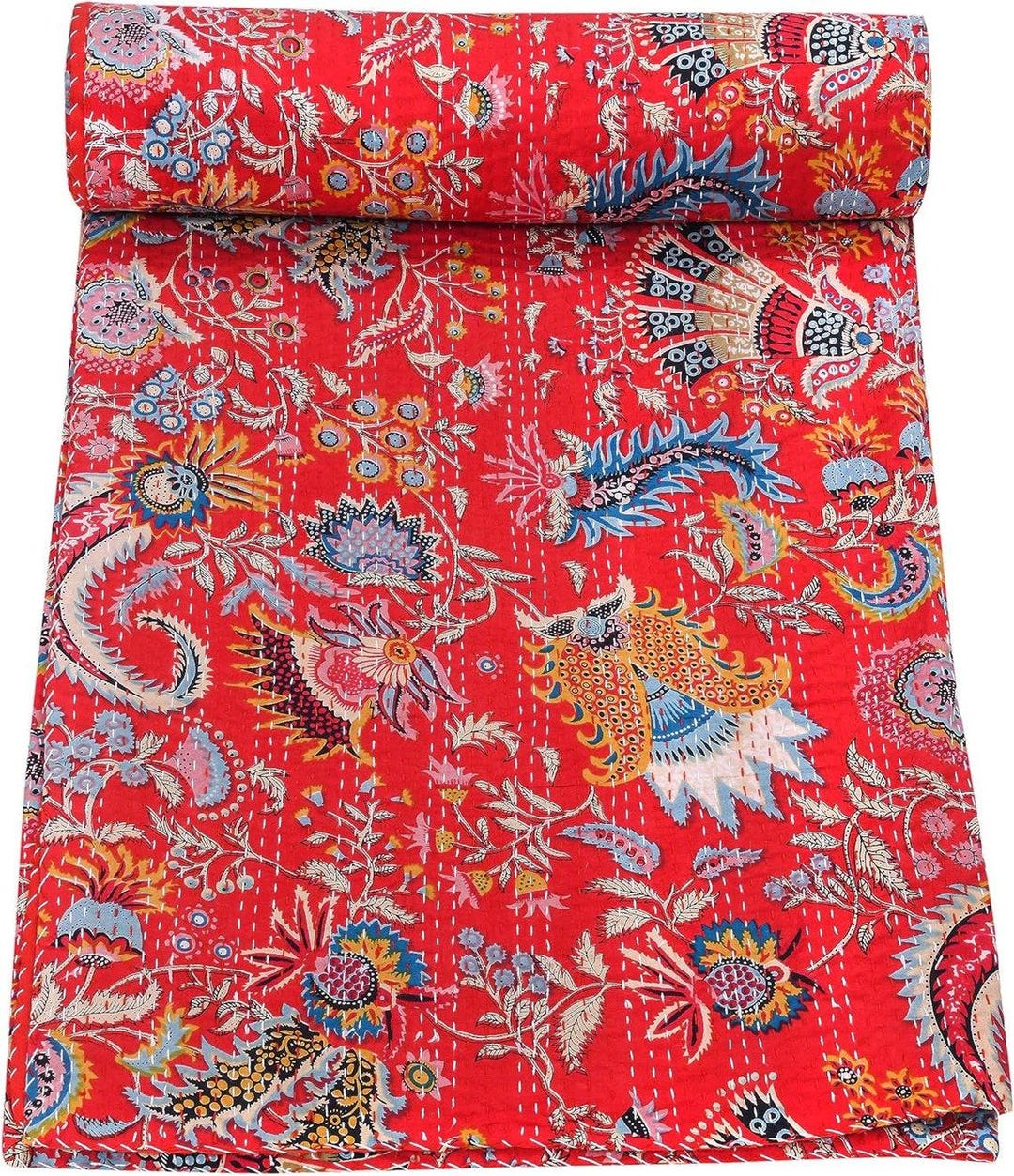 Red Mukut Print Kantha Quilt Vintage Indian Handmade Traditional Hand ...