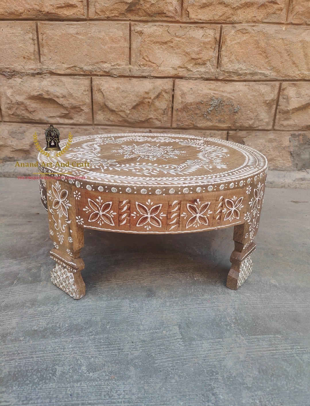 Wooden Coffee Table Hand Made Craved Round Indian Grinder Table Chakki ...