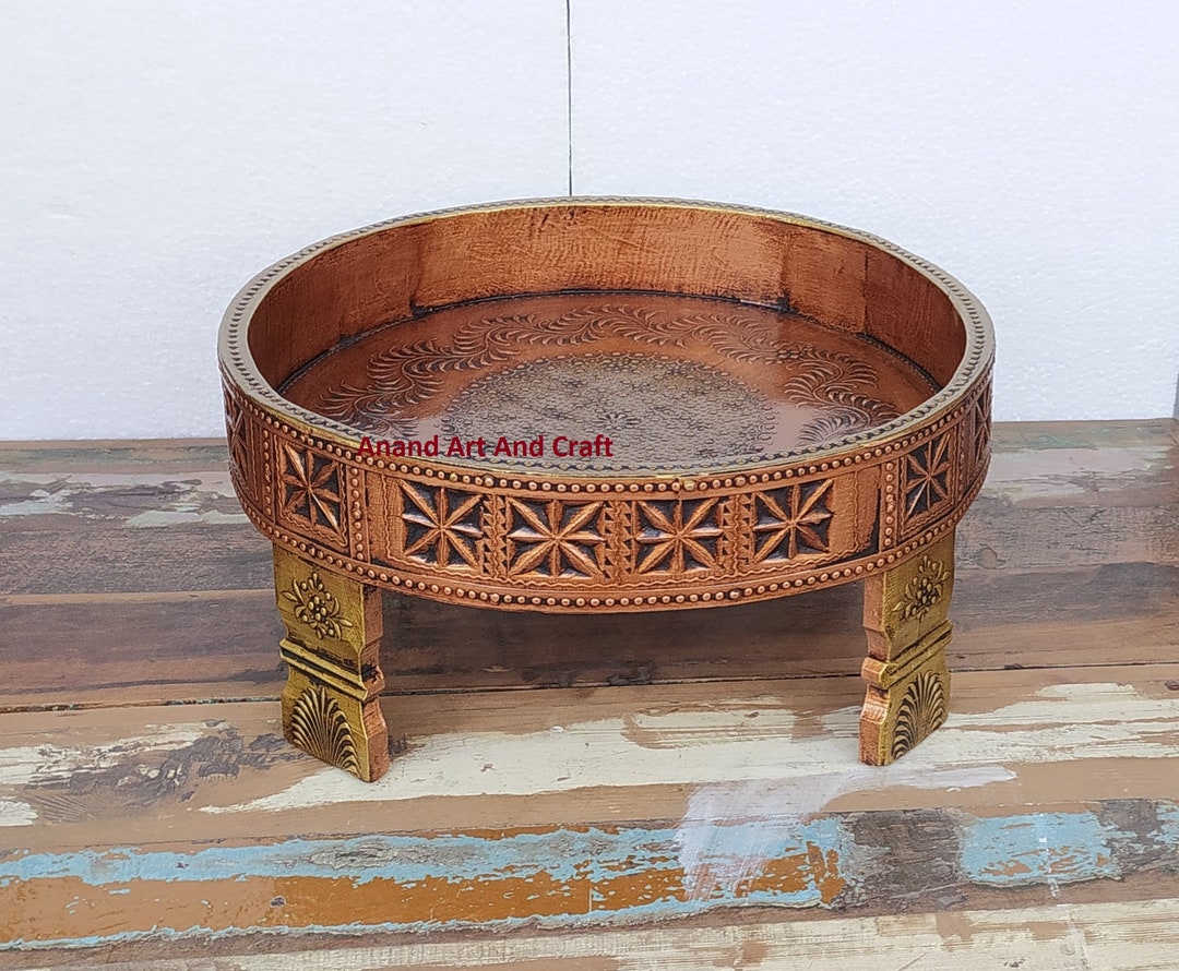 Wooden Chakki Table Hand Carved Grinder Copper Gold Table - Etsy