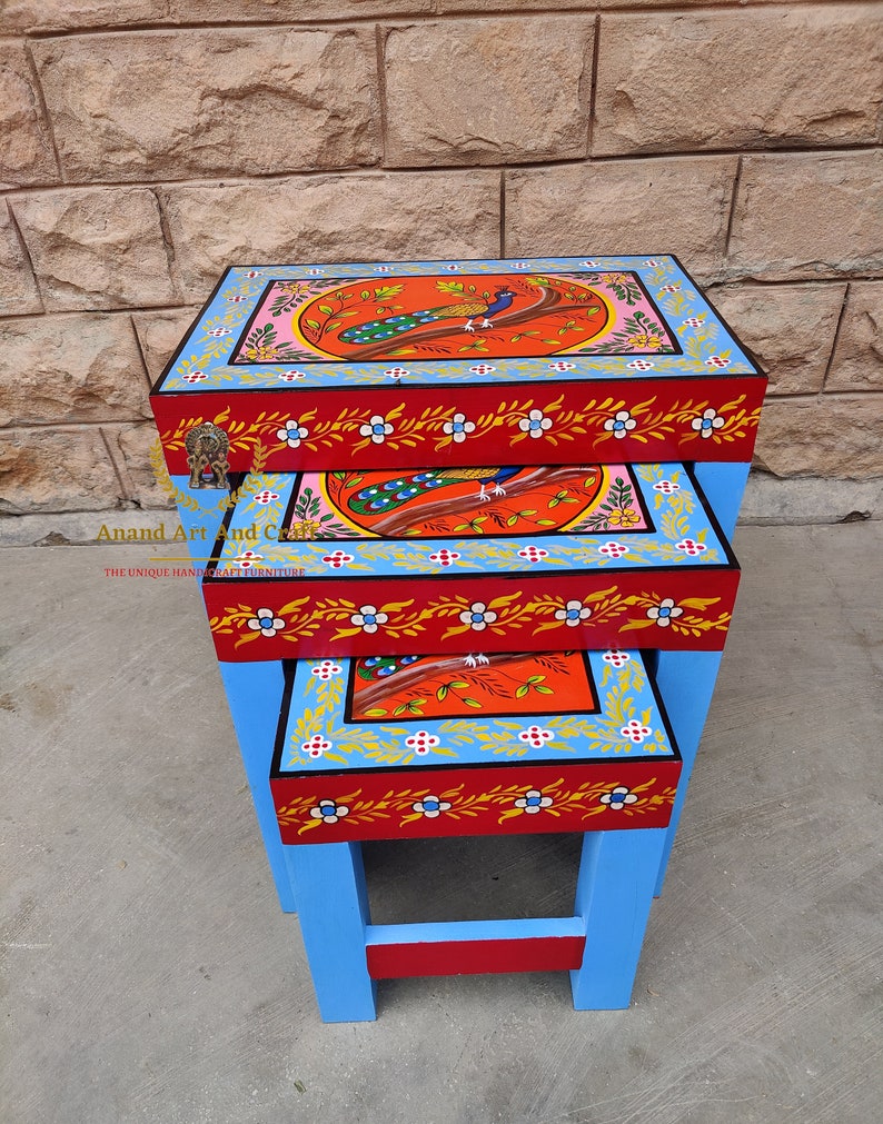 Wooden Indian Solid Wood Hand-painted Nesting Table Nest of - Etsy