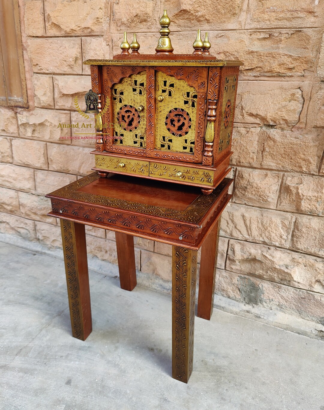 Wooden Temple Mandir Handcrafted Copper Gold Combo Folding Table Pooja ...
