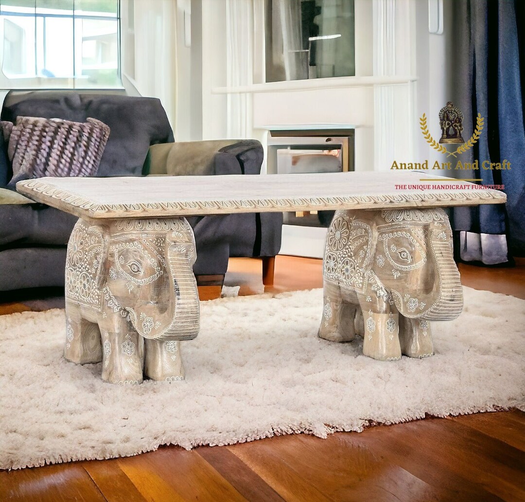 Wood Ethnic Elephants Table, 2 Elephant Table Wooden Top, Wood Coffee ...