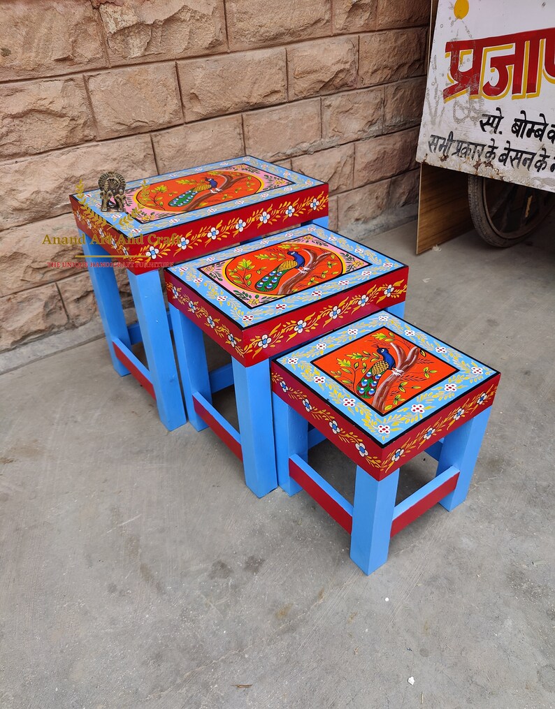Wooden Indian Solid Wood Hand-painted Nesting Table Nest of - Etsy