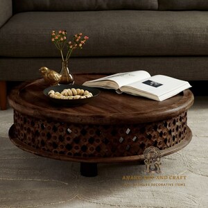 Wood Coffee Table Curved Table in Raw Mango Lattice Round Coffee Table ...