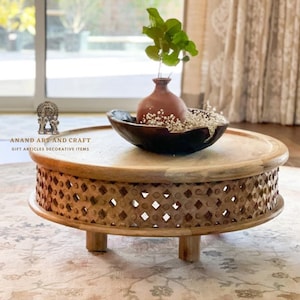 Wood Coffee Table Curved Table in Raw Mango Lattice Round | Etsy UK