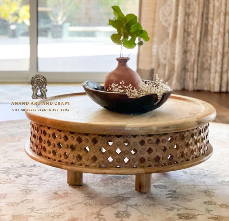 Wood Coffee Table Curved Table in Raw Mango Lattice Round - Etsy UK