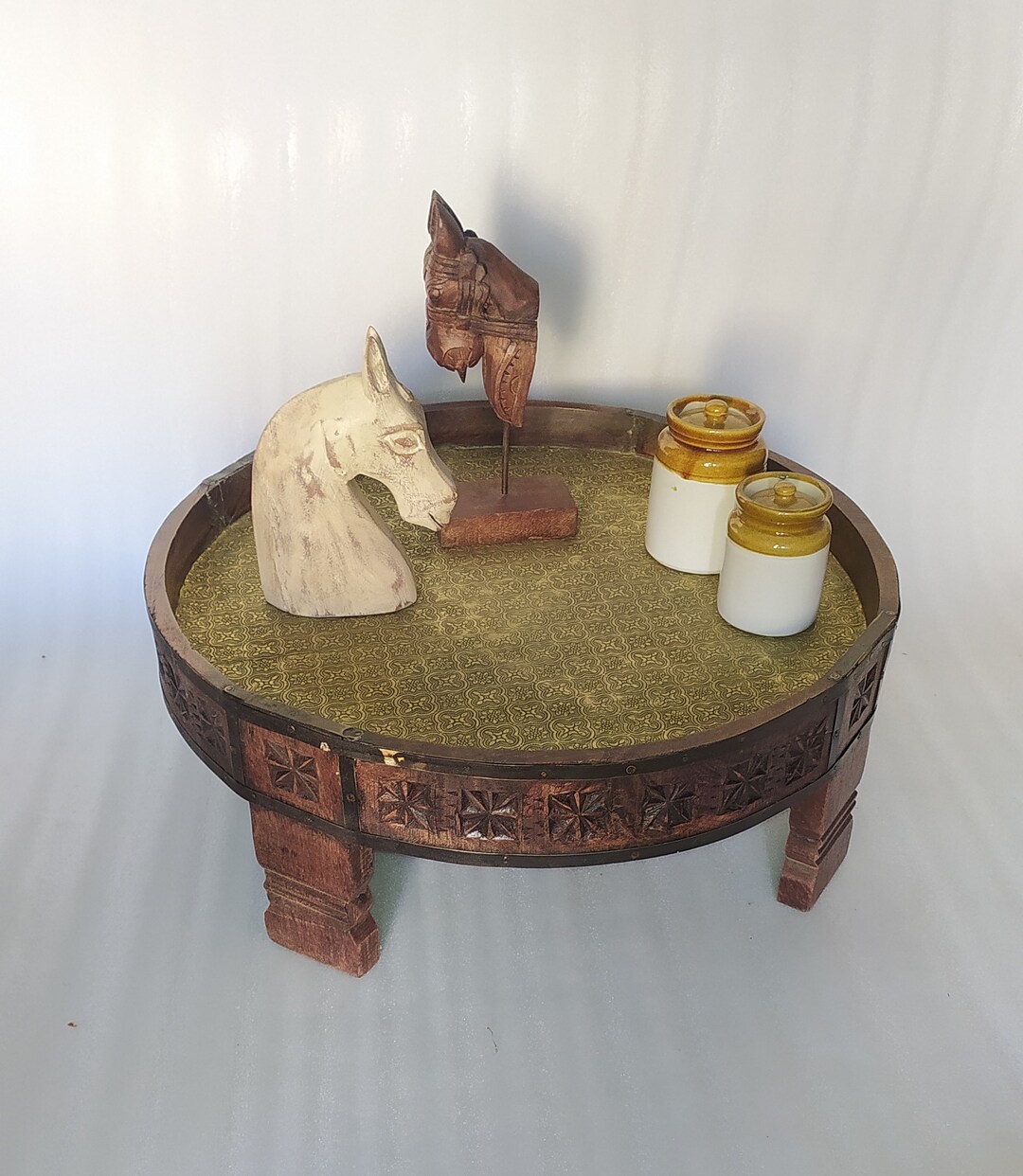 Wooden Chakki Indian Grinder Table Carving Coffee Table Antique Old ...