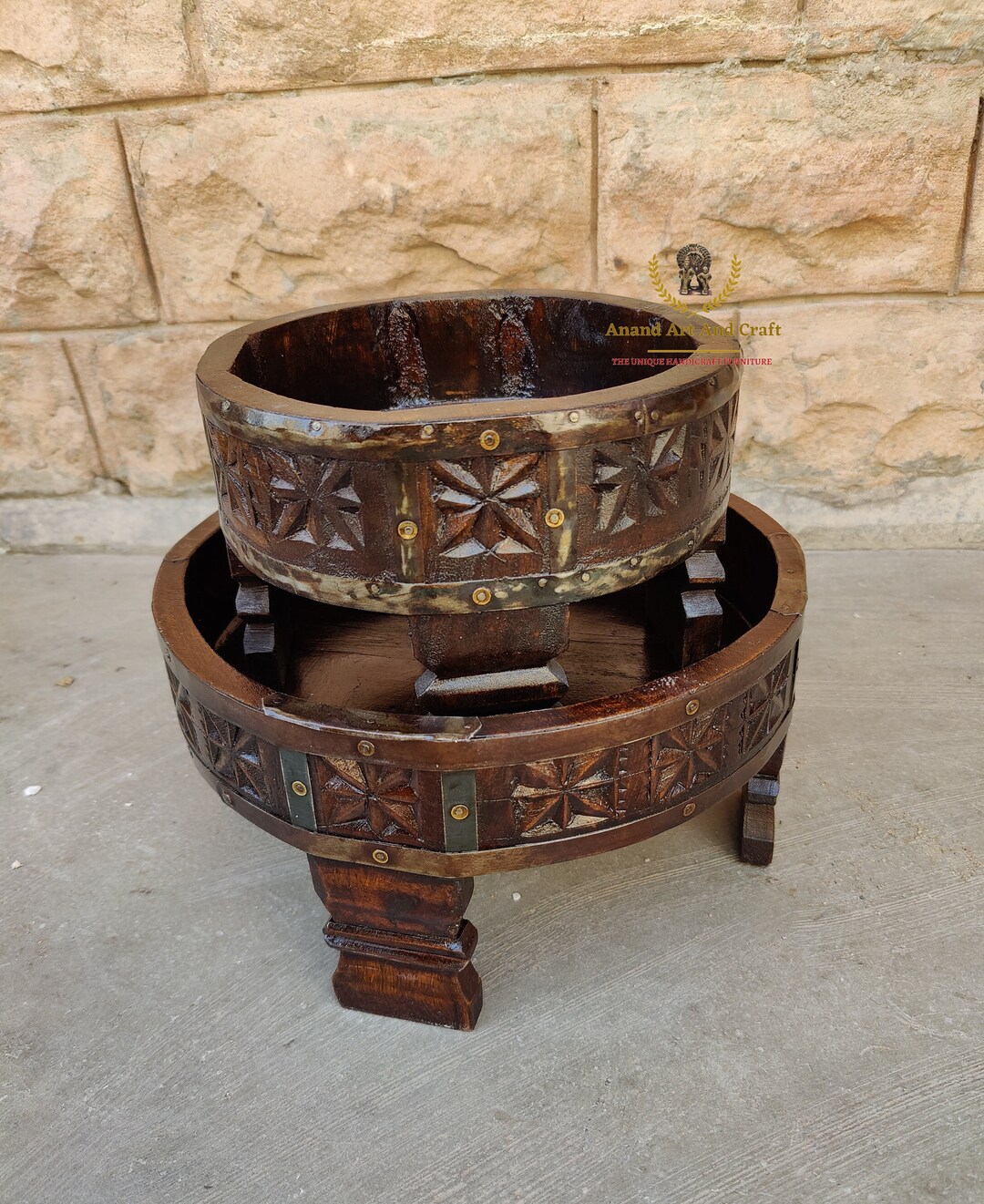 Wooden Chakki Table Grinder Table Brown Finished Hand Made Craved ...