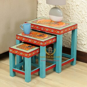 Wooden Indian Solid Wood Hand-painted Nesting Table Nest of Tables Set ...