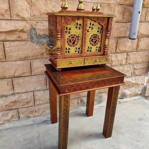 Wooden Temple Mandir Handcrafted Copper Gold Combo Folding Table Pooja ...