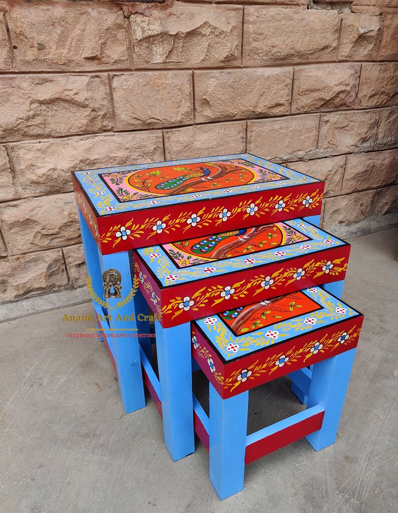 Wooden Indian Solid Wood Hand-painted Nesting Table Nest of - Etsy