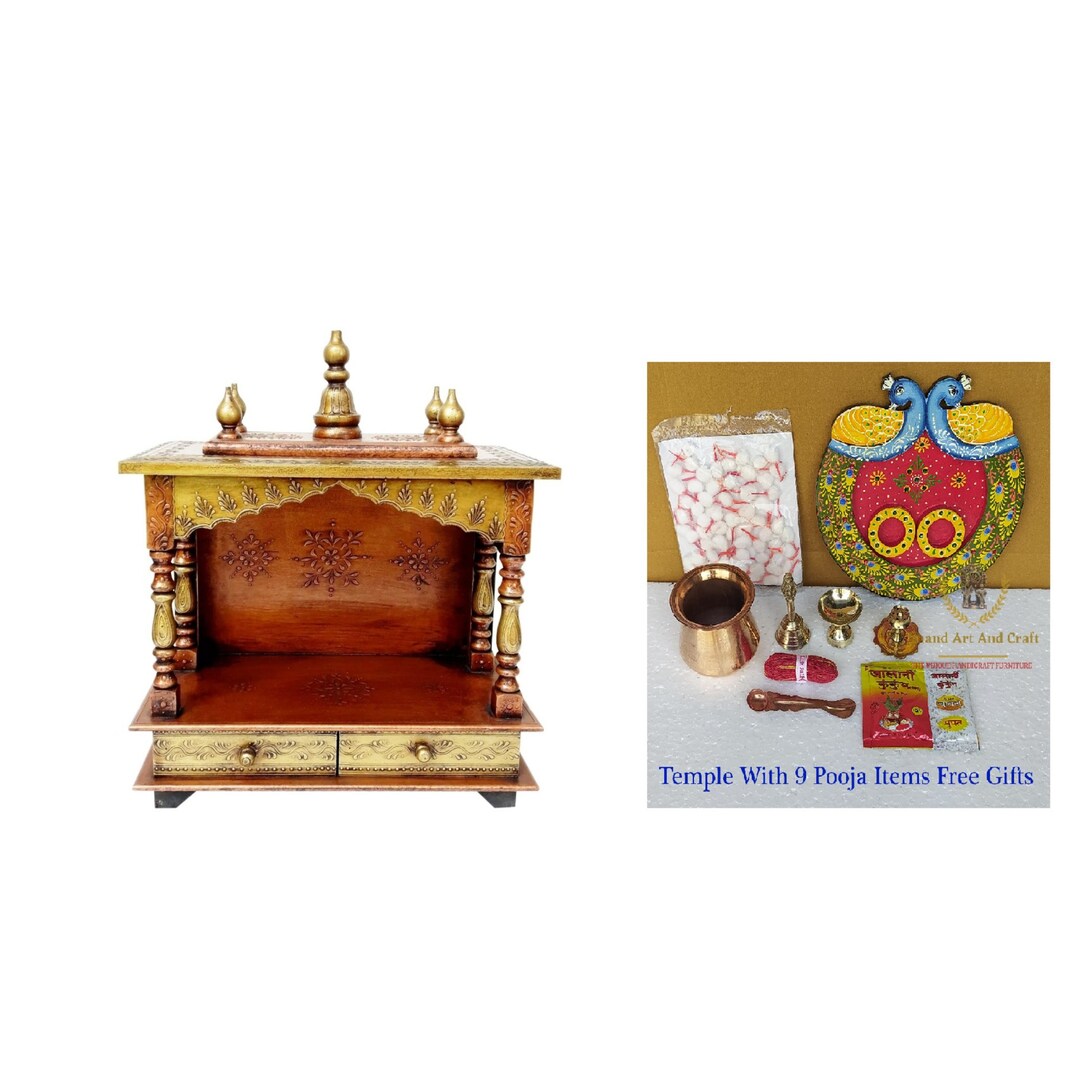 Wooden Temple Mandir Handcrafted Mandir Pooja Ghar With 9 Pooja Items ...