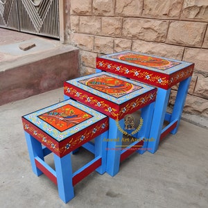 Wooden Indian Solid Wood Hand-painted Nesting Table Nest of Tables Set ...
