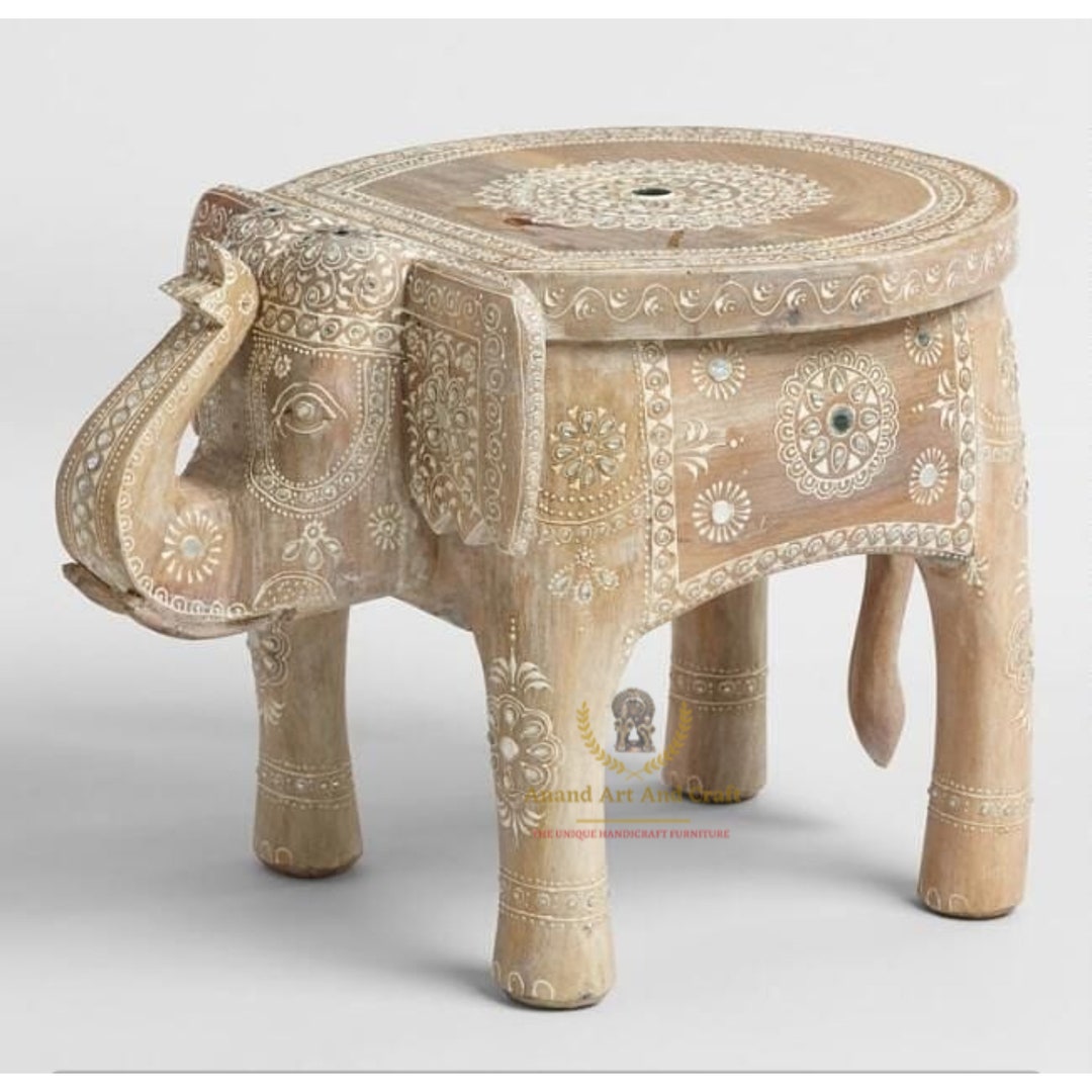 Wood Elephant Table Elephant Stool Indian Handicraft Hand Painted Home ...