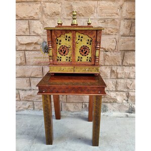 Wooden Temple Mandir Handcrafted Copper Gold Combo Folding Table Pooja ...