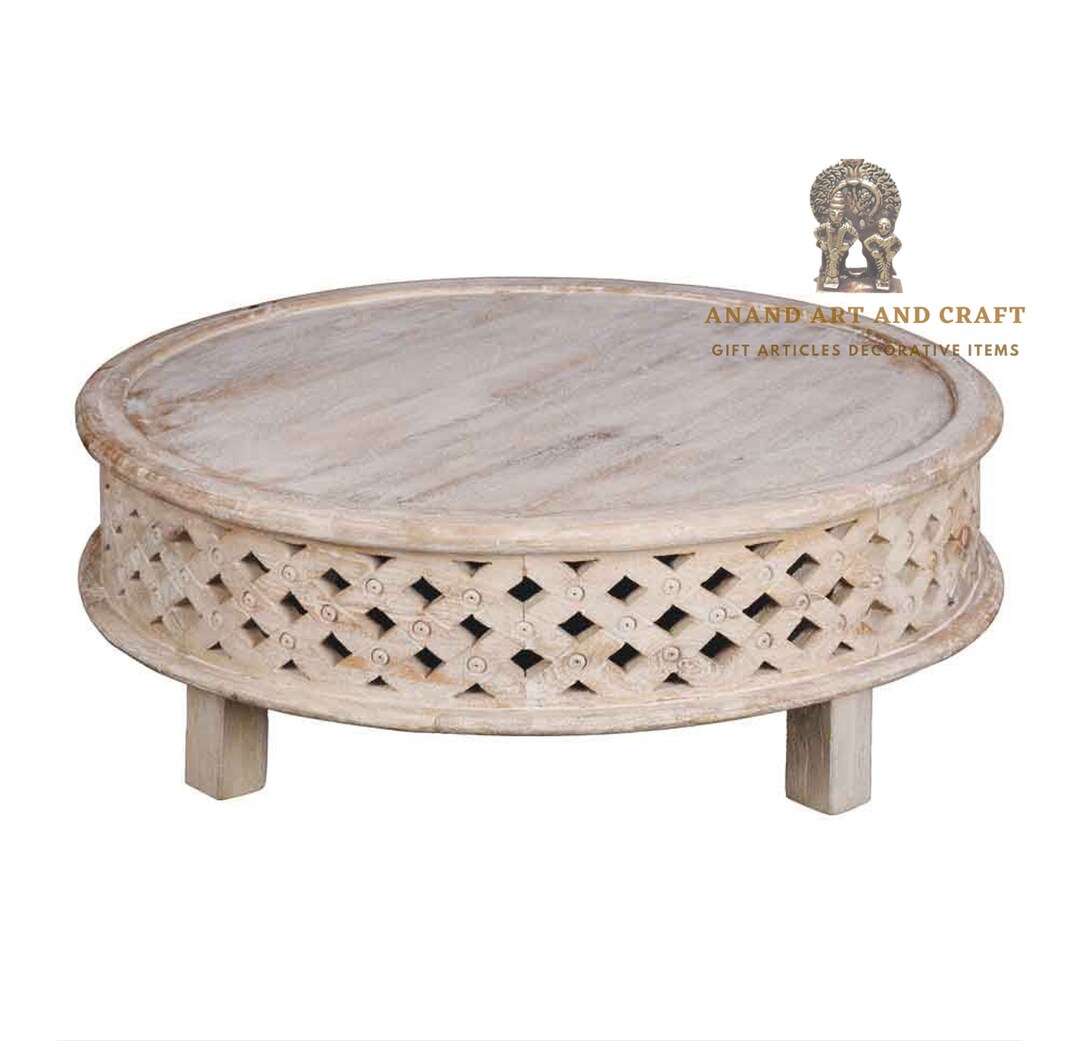 Wooden Coffee Table Curved Table in Mango Lattice Round Coffee - Etsy