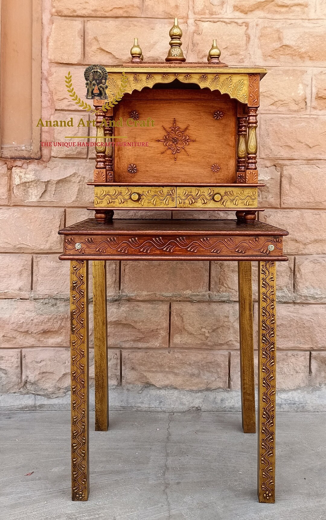 Wooden Temple Mandir Handcrafted Copper Gold Combo Folding Table Pooja ...