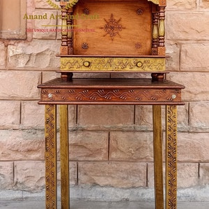 Wooden Temple Mandir Handcrafted Copper Gold Combo Folding Table Pooja ...