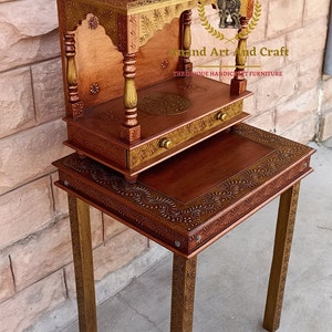Wooden Temple Mandir Handcrafted Copper Gold Combo Folding Table Pooja ...
