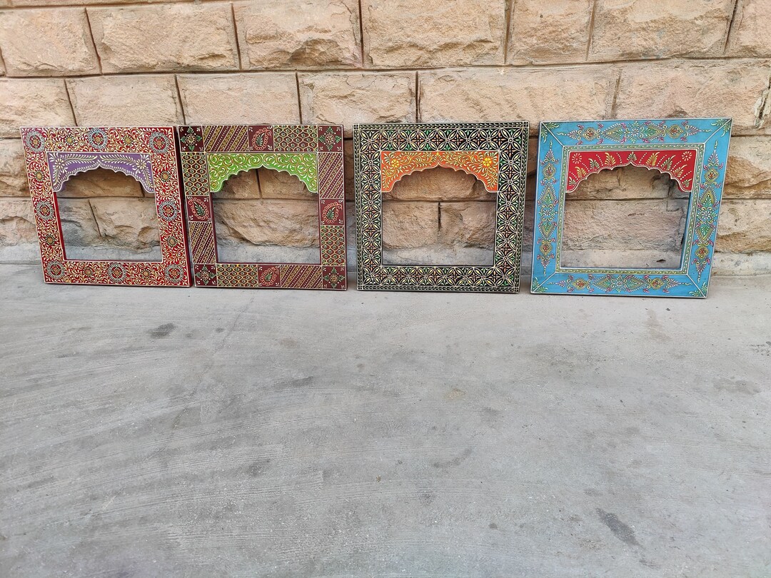 Wooden Hand Painted Indian Mirror Frame Embossed Work Wall - Etsy