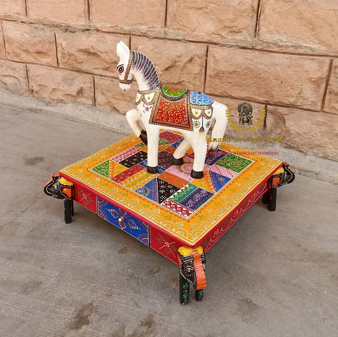 Wood Chowki 1 Drawer Indian Wooden Chowki Bajot 4 Elephant - Etsy