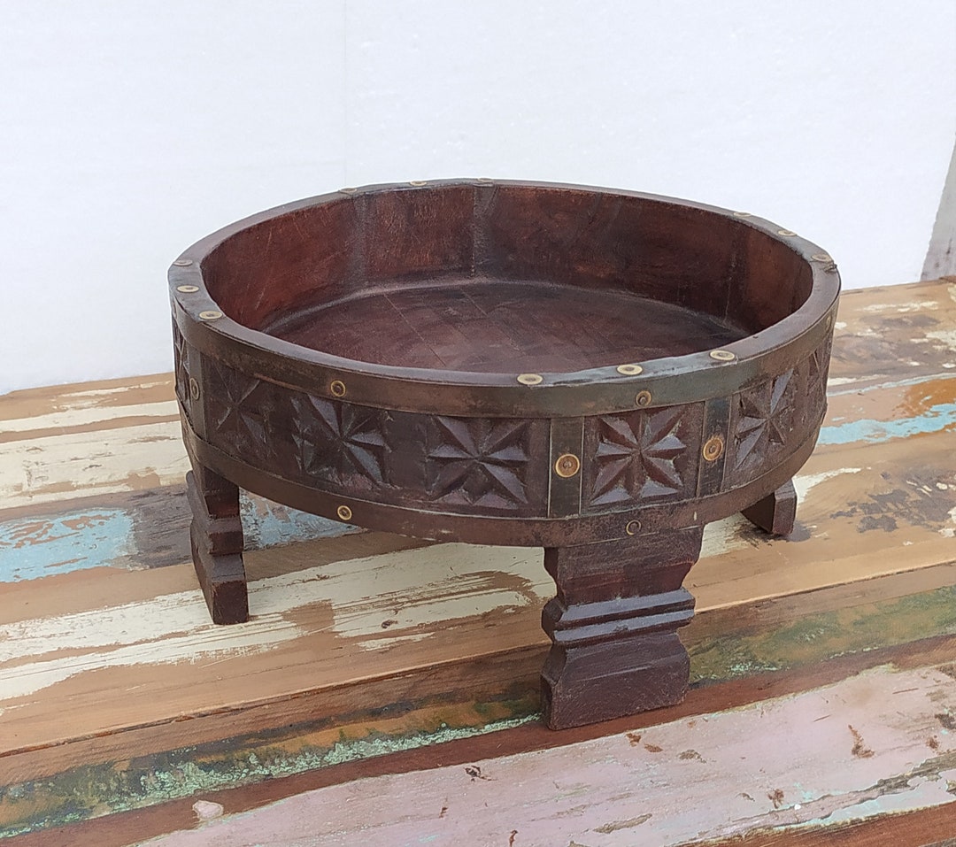 Wooden Chakki Table Grinder Table Coffee Table Hand Made Craved Indian ...