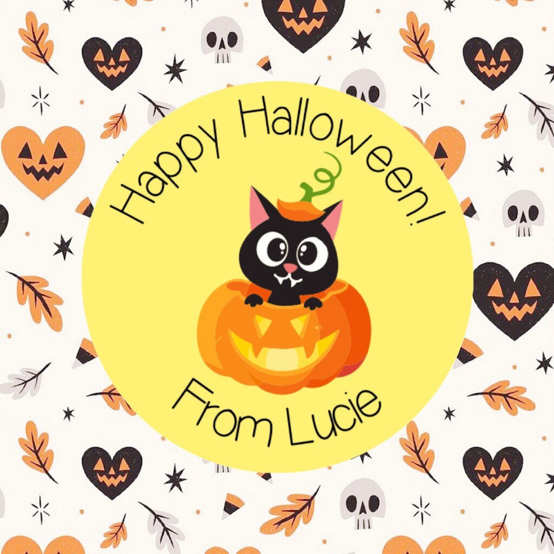 Cute Cat & Pumpkin Happy Halloween Personalised 30mm Party Trick or ...