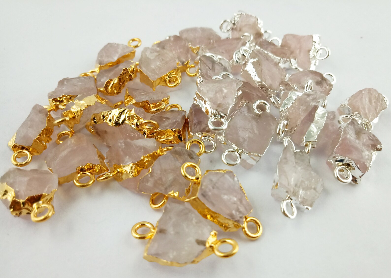 Rose Quartz Connector - Gold and Silver Electroplated Double Bail ...