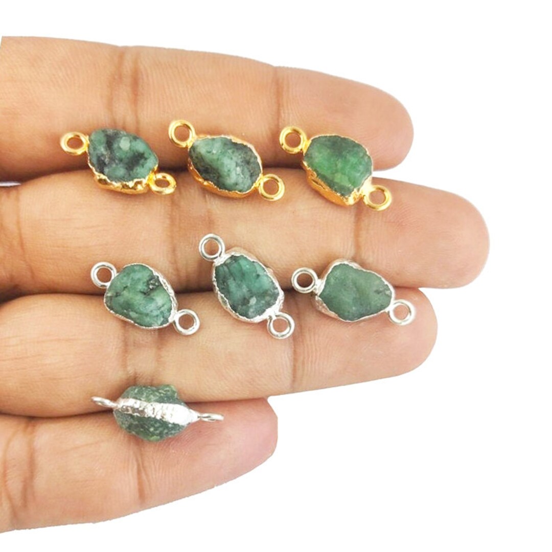 Green Emrald Raw Connector - Gold and Silver Electroplated Double Bail ...