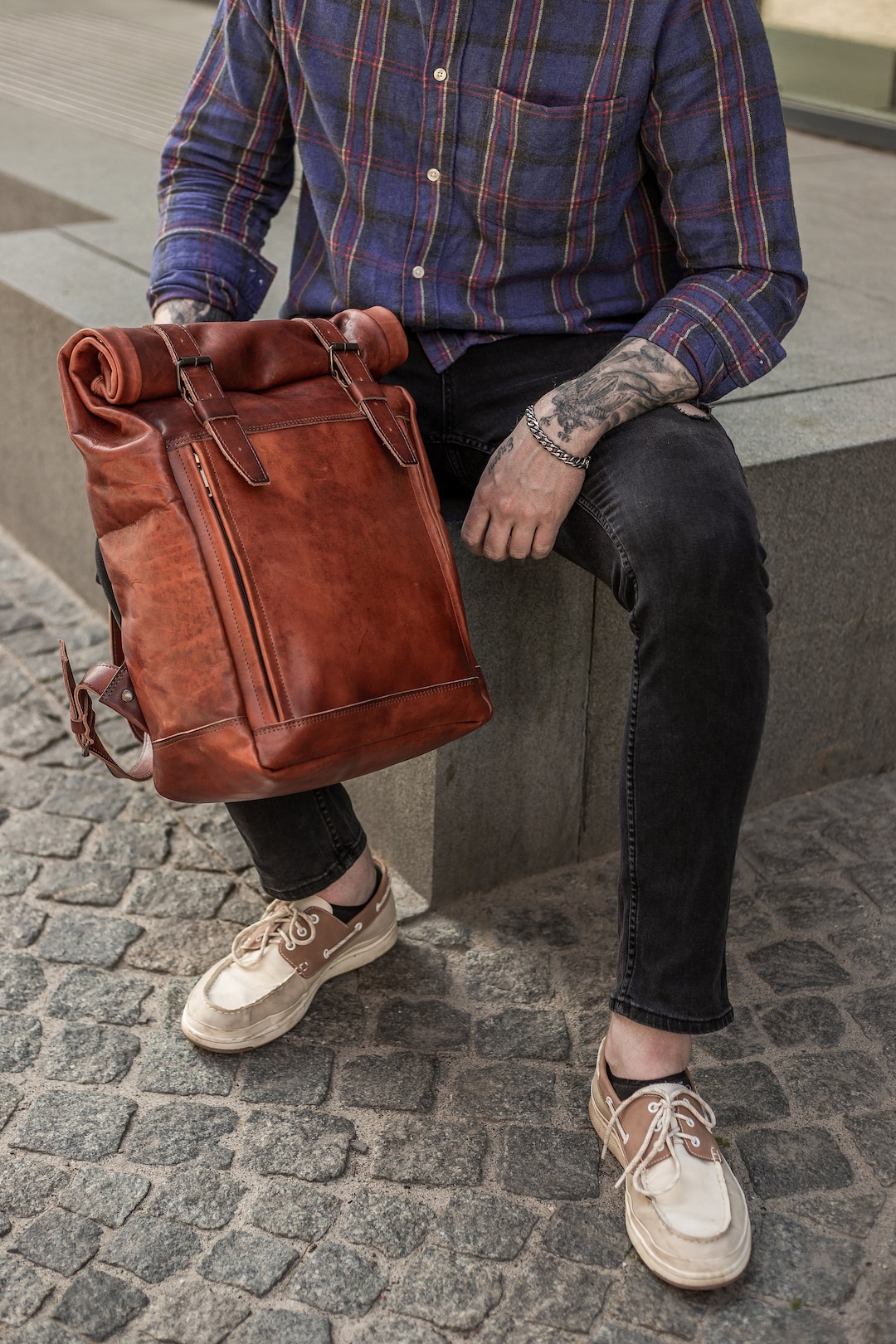 Large Leather Rolltop Rucksack for Men, Women Leather Backpack, Travel ...