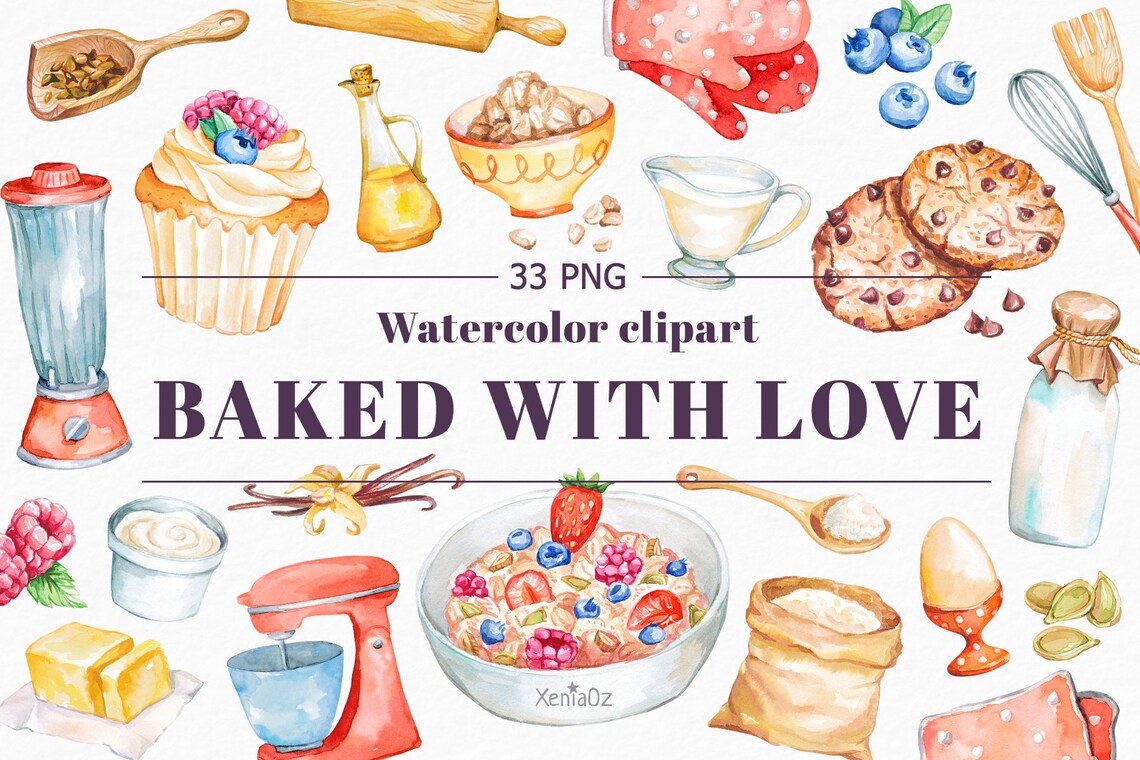 Baking Watercolor Clipart Kitchen Clipart Baked With Love Etsy