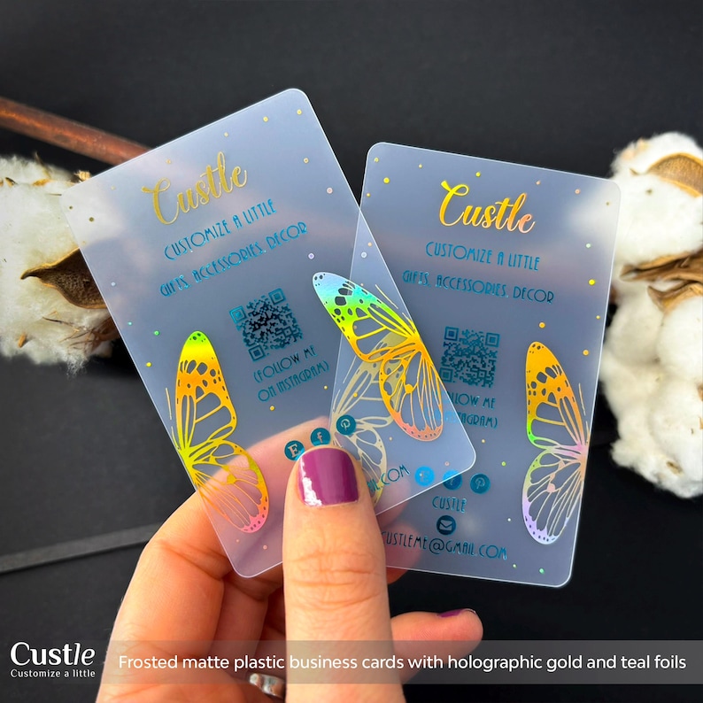 Frosted Plastic Business Cards, Holographic Gold Silver Foil, Custom QR ...