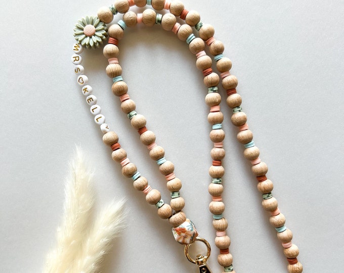 Boho Flower Wood Bead Wood Beaded Teacher Lanyard, ID Badge Keys Holder ...