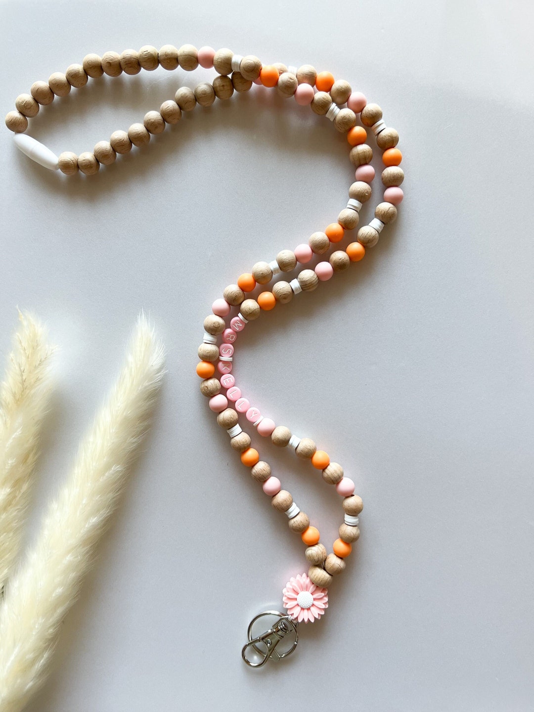 Personalized Name Boho Pink Orange Wood Beaded Teacher Lanyard, ID ...
