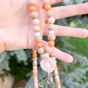Personalized Name Boho Pink Orange Wood Beaded Teacher Lanyard, ID ...