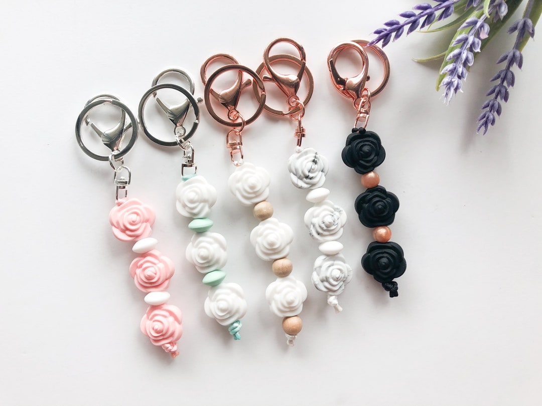 Rose Gold Beaded Keychain, Beaded Keychain With Clip, Silver Beaded ...