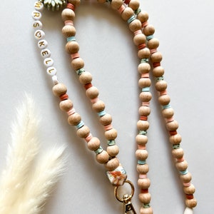 Boho Flower Wood Bead Wood Beaded Teacher Lanyard, ID Badge Keys Holder ...