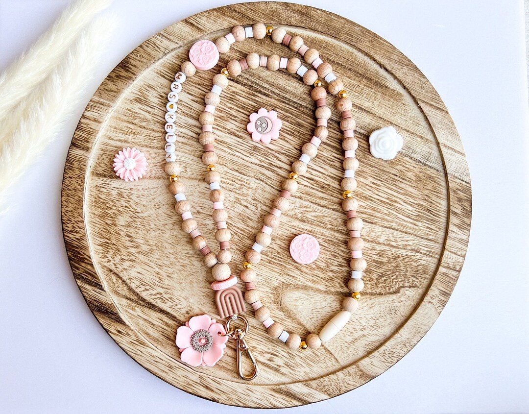 Custom Name Teacher Lanyard, Boho Flower Wood Beaded ID Badge Keys ...