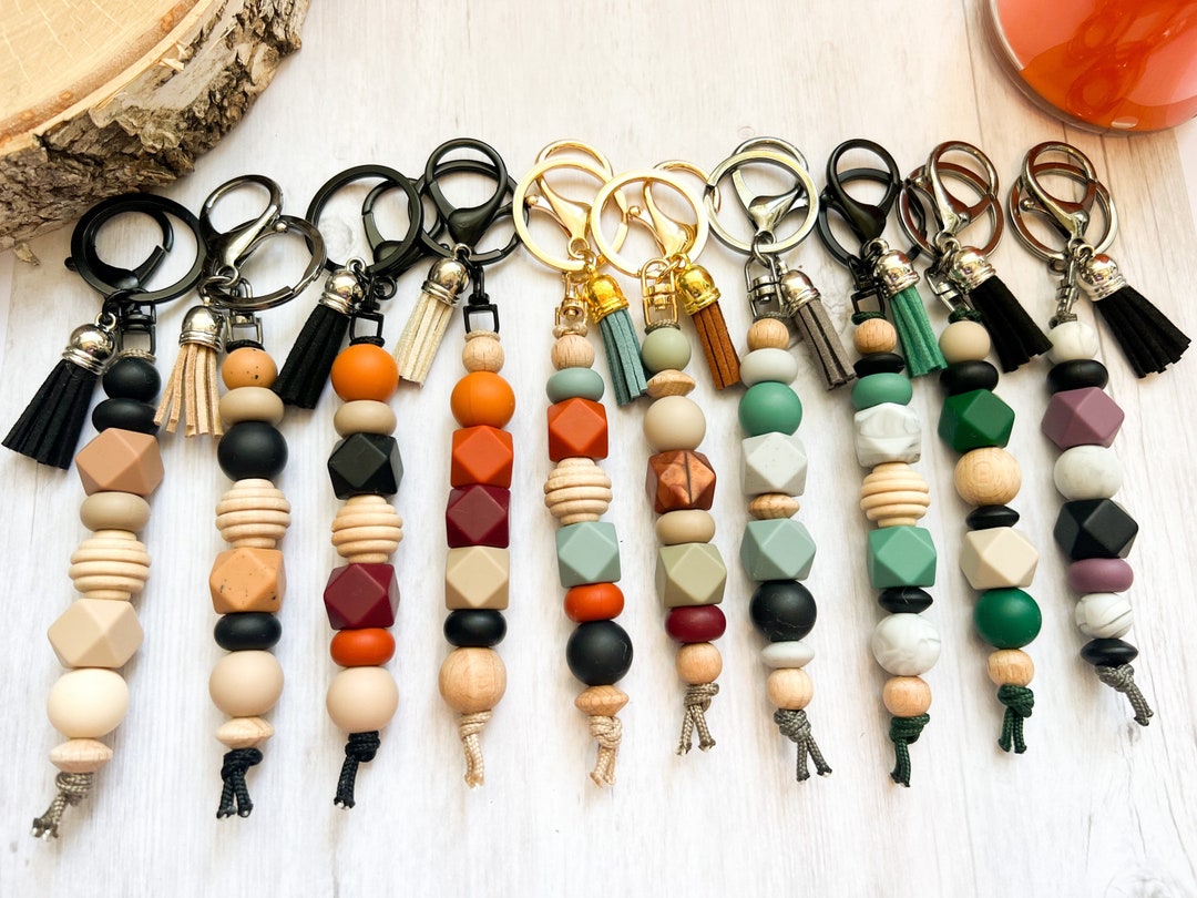 Fall Autumn Colors Silicone and Wood Beaded Keychain With Tassel, Boho ...