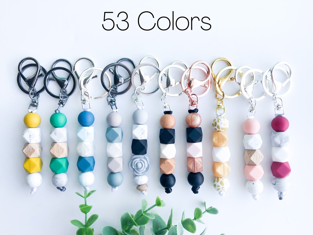 Silicone and Wood Bead Keychain, Beaded Keychain With Clip, Silver ...