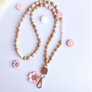 Custom Name Teacher Lanyard, Boho Flower Wood Beaded ID Badge Keys ...