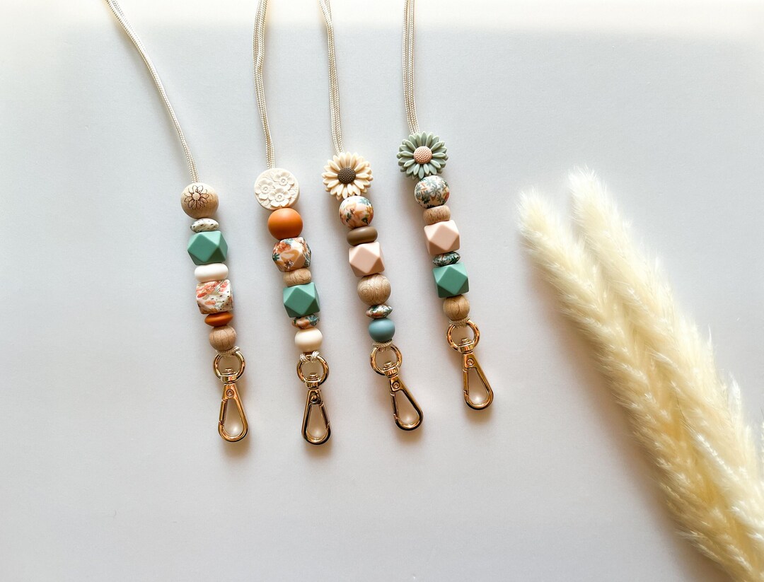 Floral Daisy Boho Colors Teacher Lanyard, Silicone & Wood Beaded ...