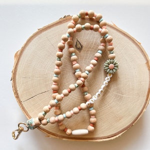 Boho Flower Wood Bead Wood Beaded Teacher Lanyard, ID Badge Keys Holder ...
