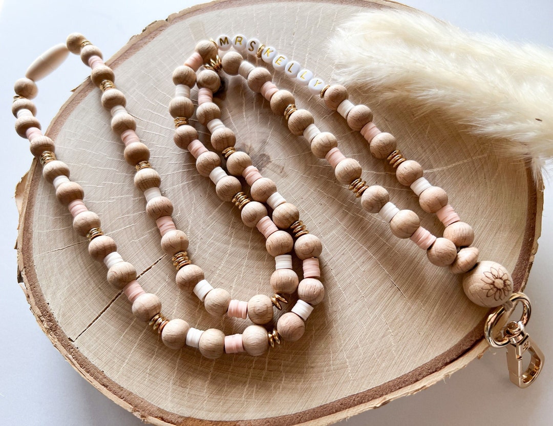 Boho Flower Wood Bead Wood Beaded Teacher Lanyard, ID Badge Keys Holder ...