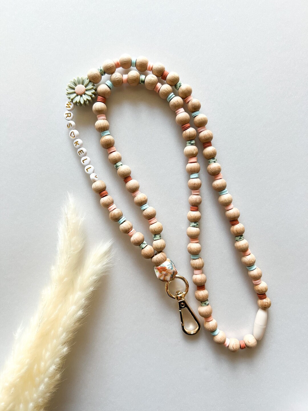 Boho Flower Wood Bead Wood Beaded Teacher Lanyard, ID Badge Keys Holder ...