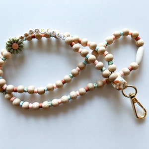 Boho Flower Wood Bead Wood Beaded Teacher Lanyard, ID Badge Keys Holder ...